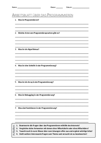 Arbeitsblatt zum Thema "Programmieren" | Unterricht.Schule